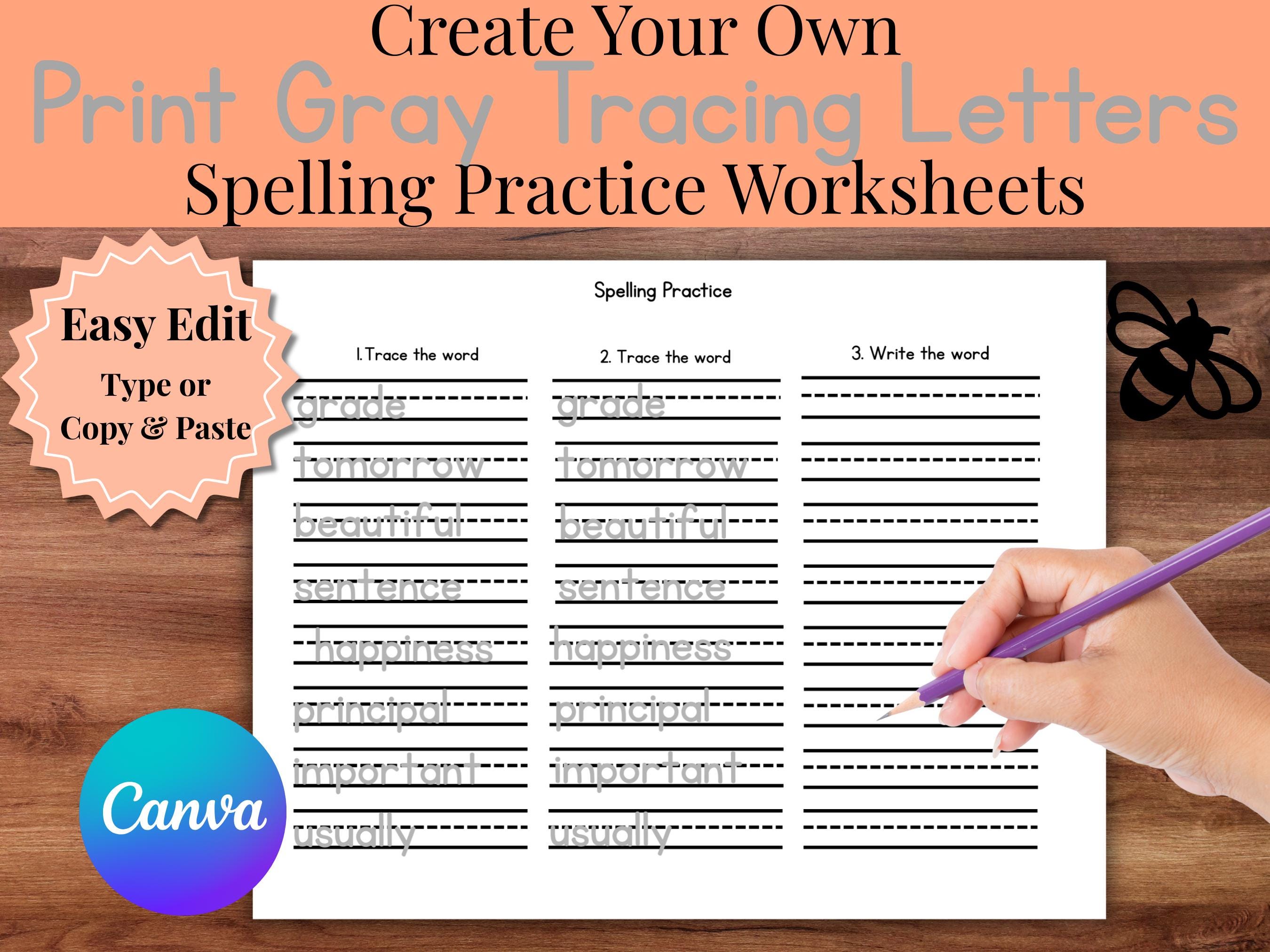 Editable Spelling Practice Worksheet: Canva Template for Kids Handwrit ...